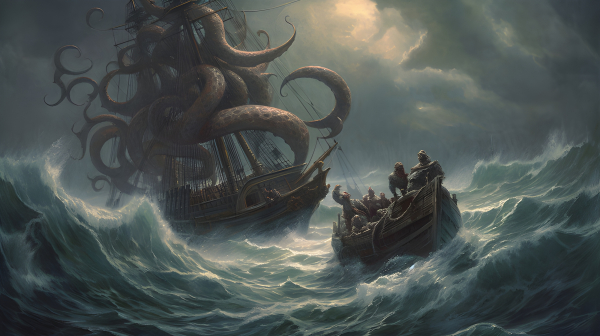 The Kraken Attacking a Ship, whilst the Crew flee on a raft ...