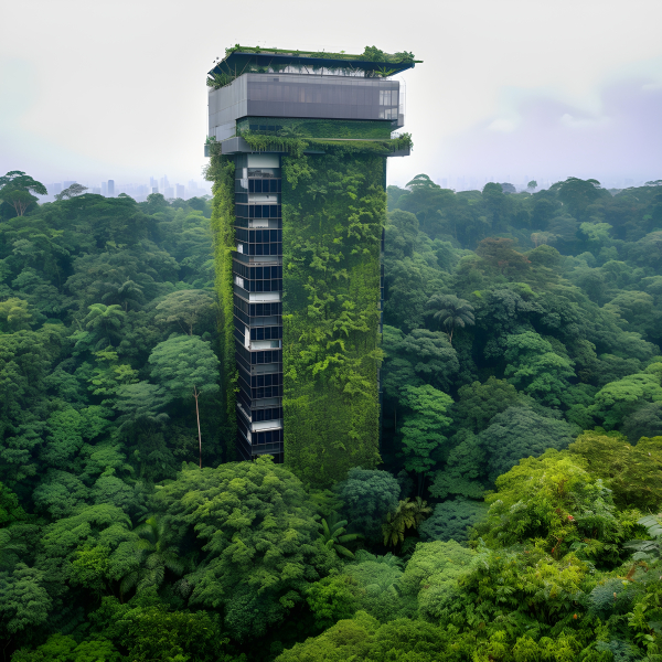 A skyscraper emerging from the center of a lush tropical rainforest ...