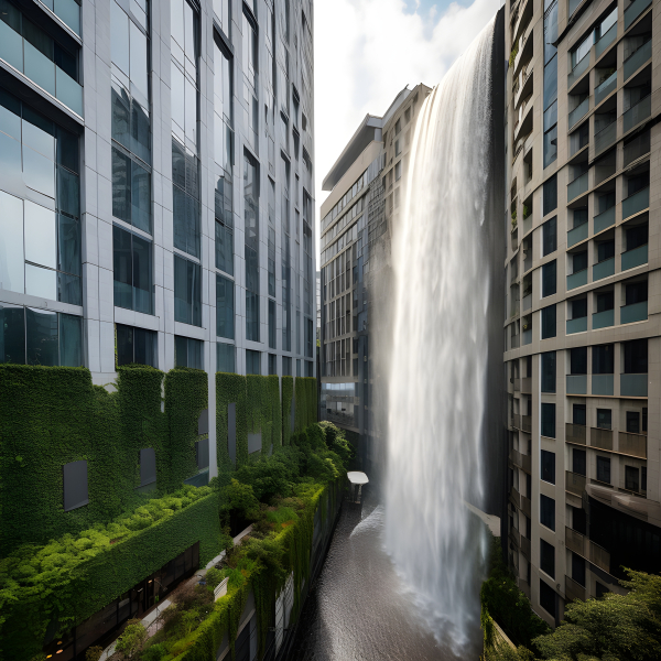 A waterfall cascading down the side of a towering city building ...