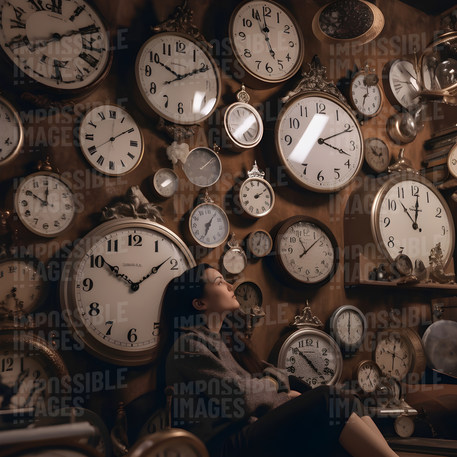 A woman sat surrounded by clocks. - Impossible Images - Unique stock ...