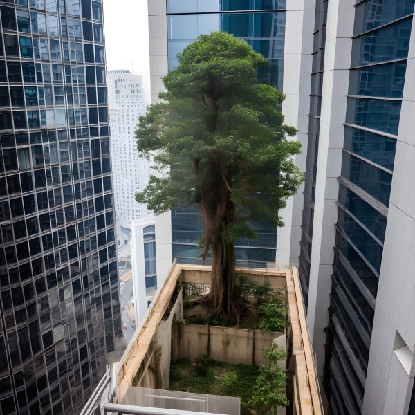 A Giant Tree growing on the rooftop of a tall building, surrounded by ...