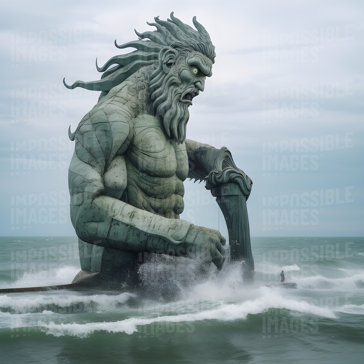 A giant statue of a mythical creature emerging from the ocean ...