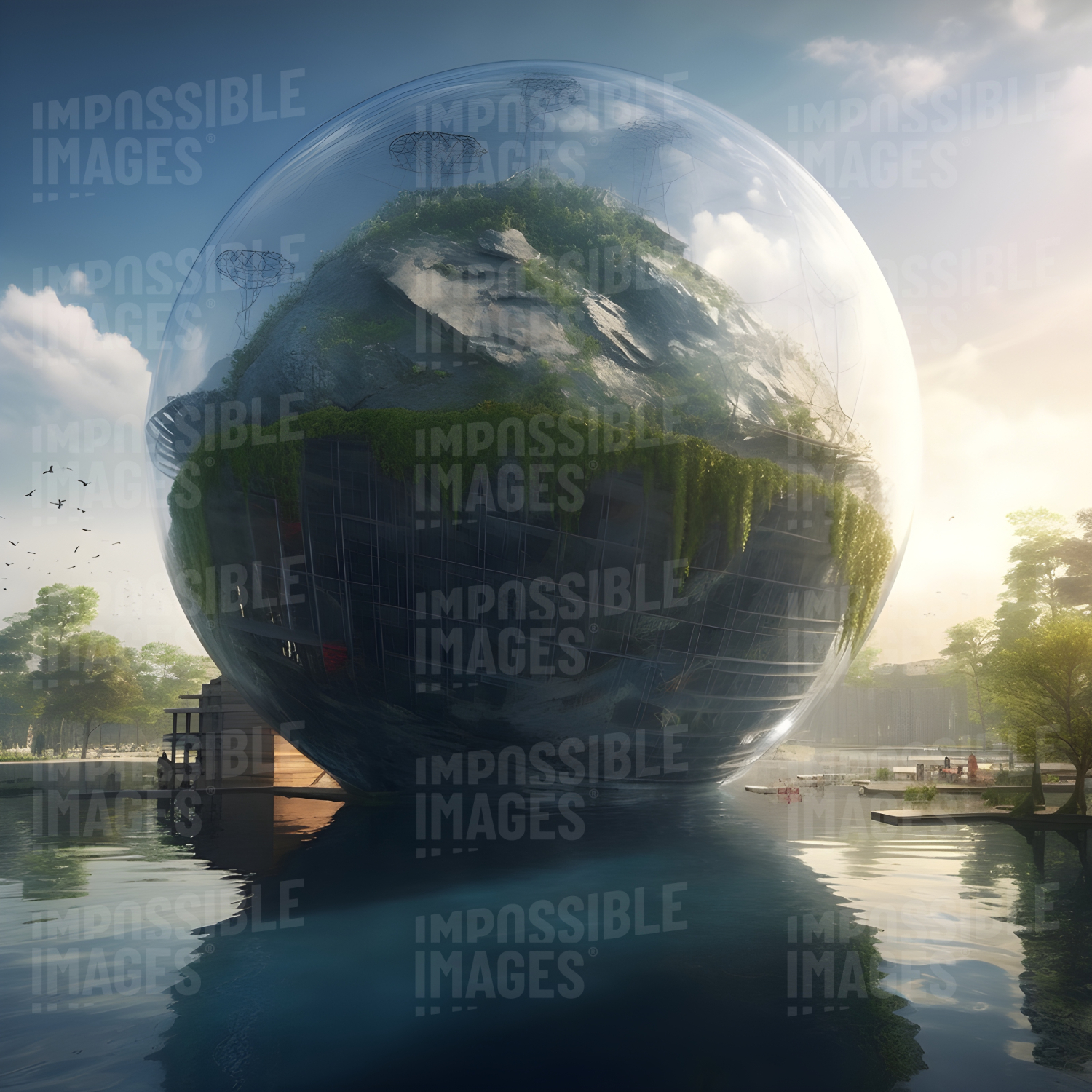 A giant, floating sphere on a Lake, that houses an entire ecosystem ...
