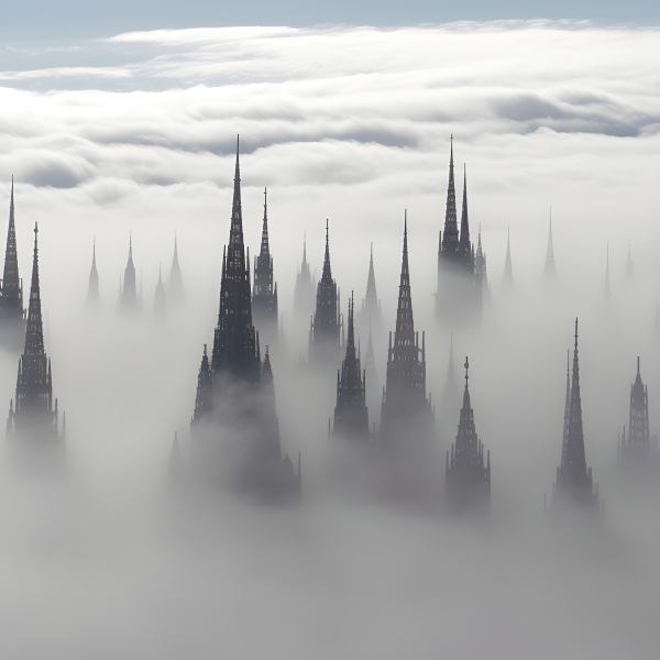 A series of towering spires that stretch up into the clouds ...