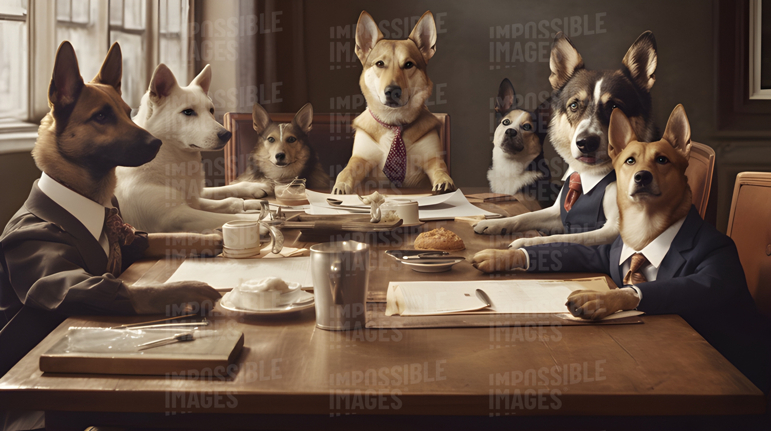 Dogs sat in suits around table in a Meeting. - Impossible Images ...