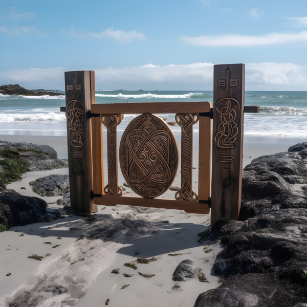 A Wooden Gate leading to the Sea, Decorated with Celtic motifs and ...