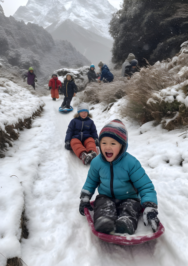 Children sledging down a dangerous mountain - Impossible Images - Unique stock images for ...