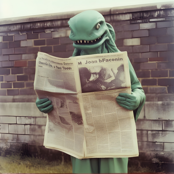 Fish monster reading the newspaper in front of a brick wall ...