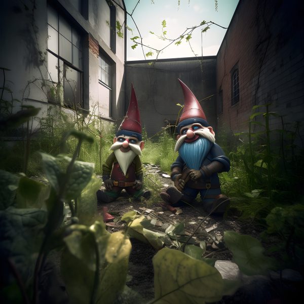 Two evil gnomes in a garden - Impossible Images - Unique stock images for commercial use.