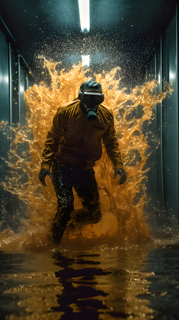 A man in a gas mask running through a corridor full of golden water ...