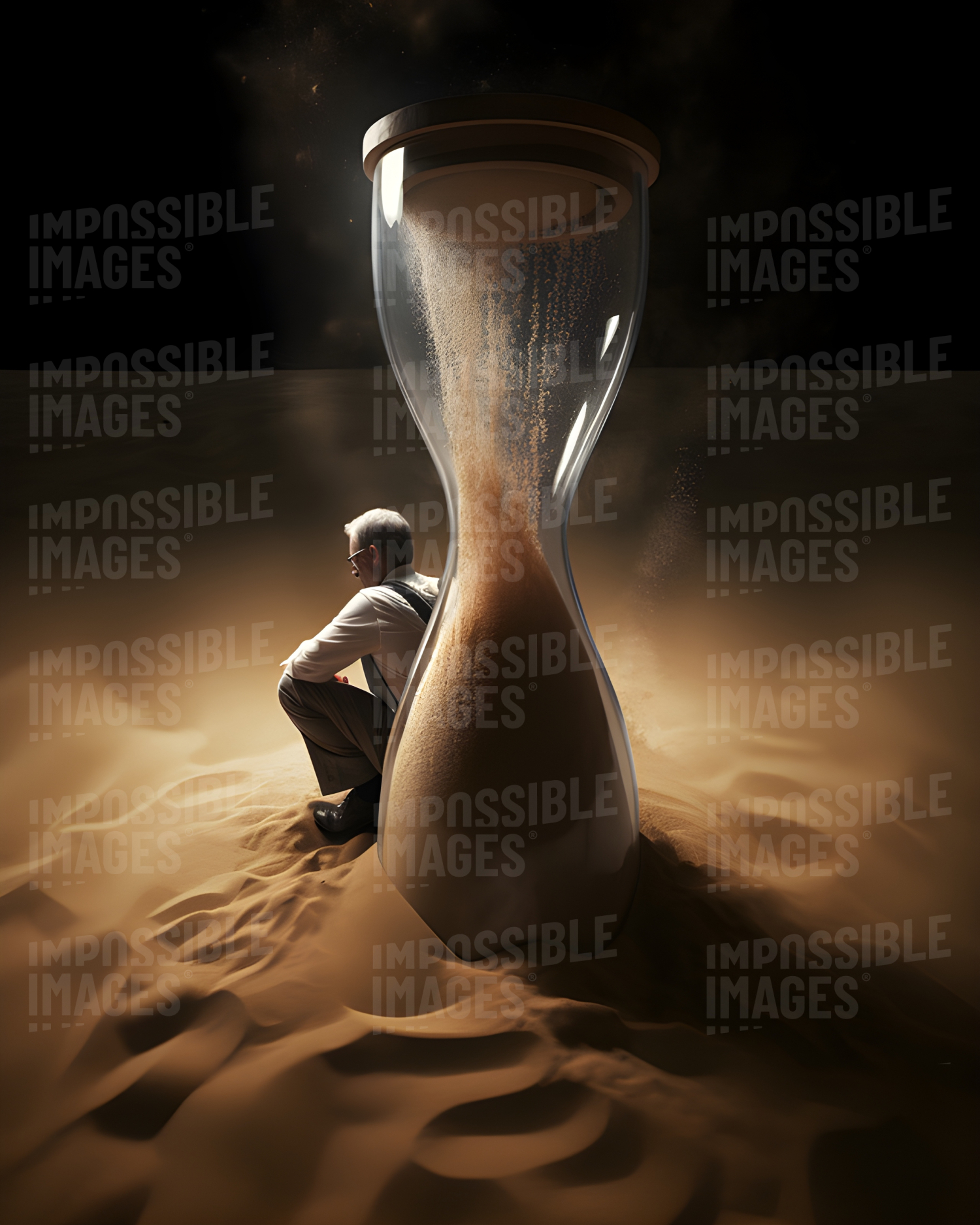 A man sat against a giant hourglass - Impossible Images - Unique stock ...