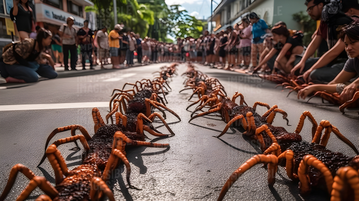 Crowds cheer the mega-centipede on its journey along a street ...