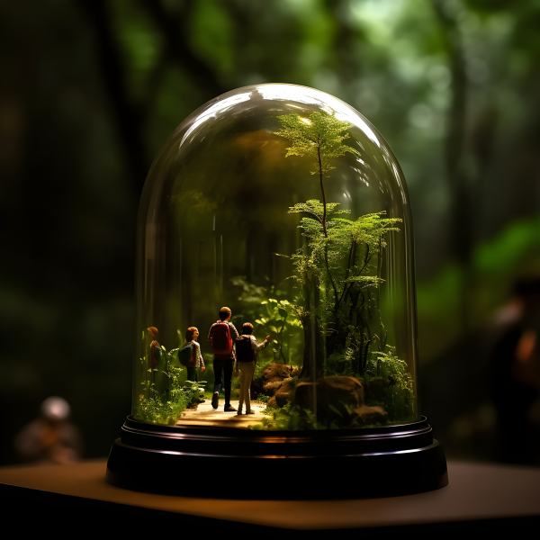 Small glass biome with tiny people living inside in the jungle ...