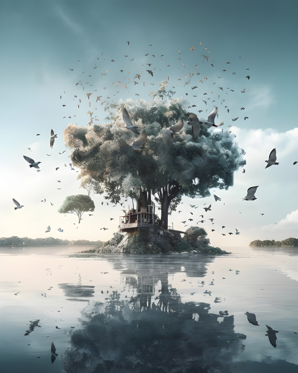 Tree on the lake covered by birds - Impossible Images - Unique stock ...