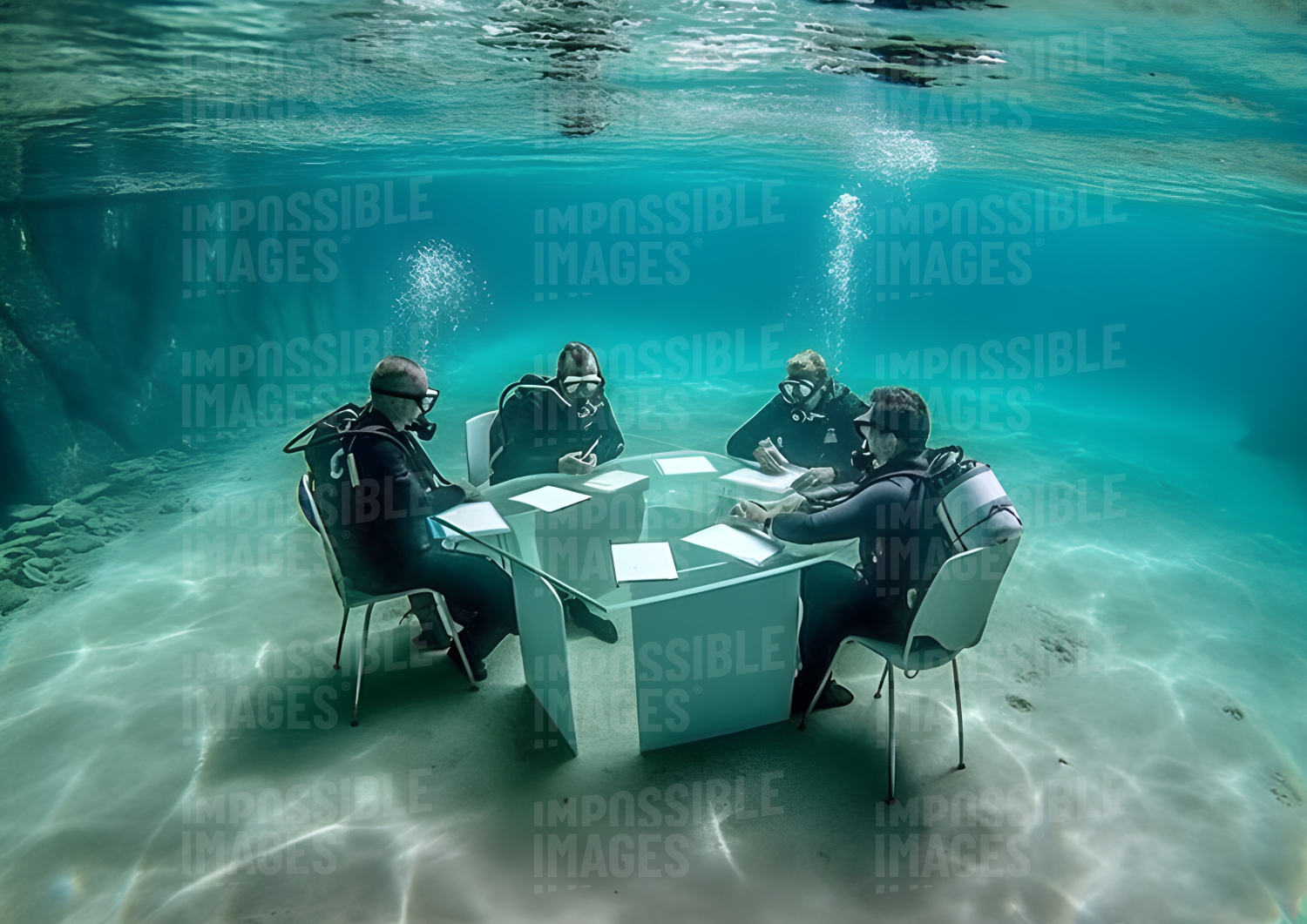 People having a board meeting underwater in scuba gear - Impossible ...