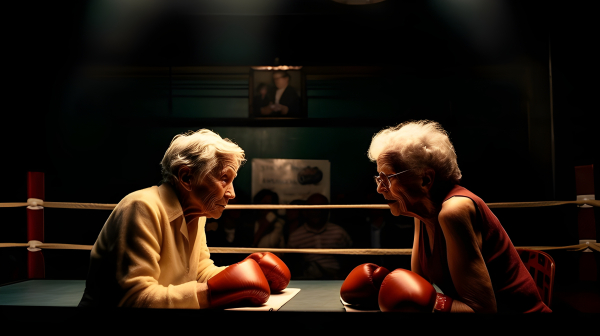 Two elderly women wearing boxing gloves sitting opposite each other in ...