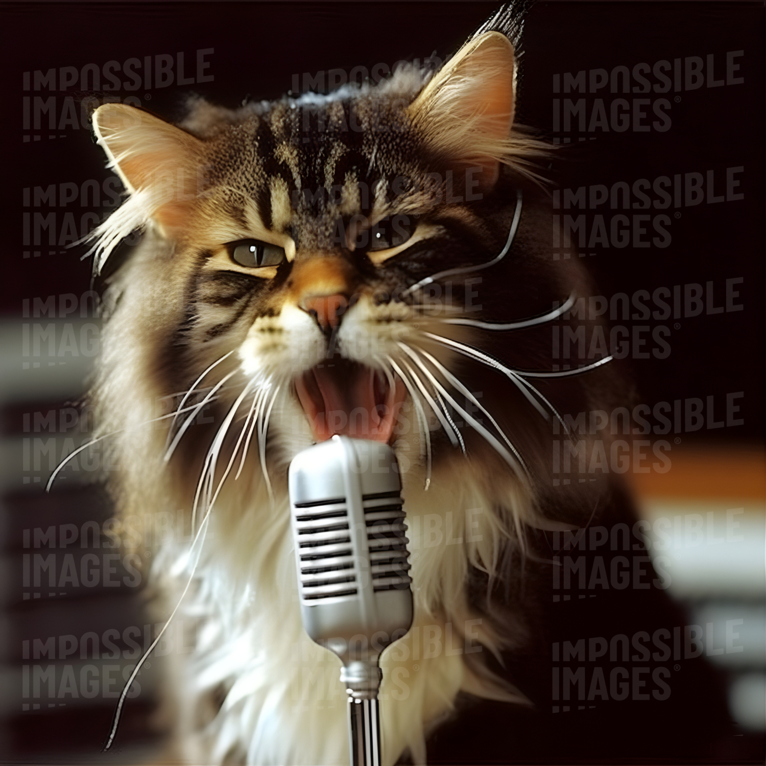 A cat sings into a retro-style microphone - Impossible Images - Unique ...