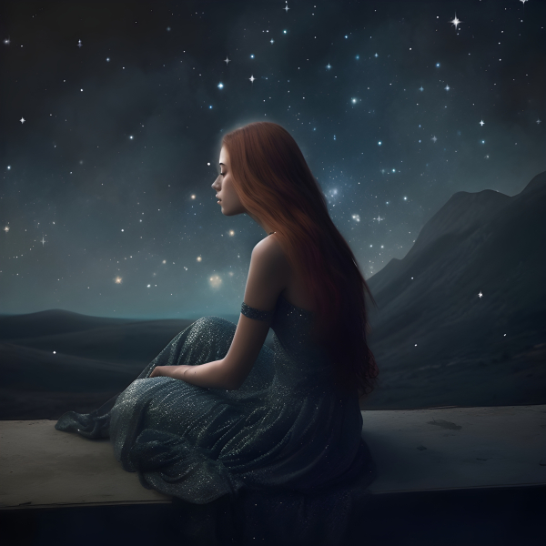 Young woman sat on a parapet overlooking a mountainous terrain under a ...