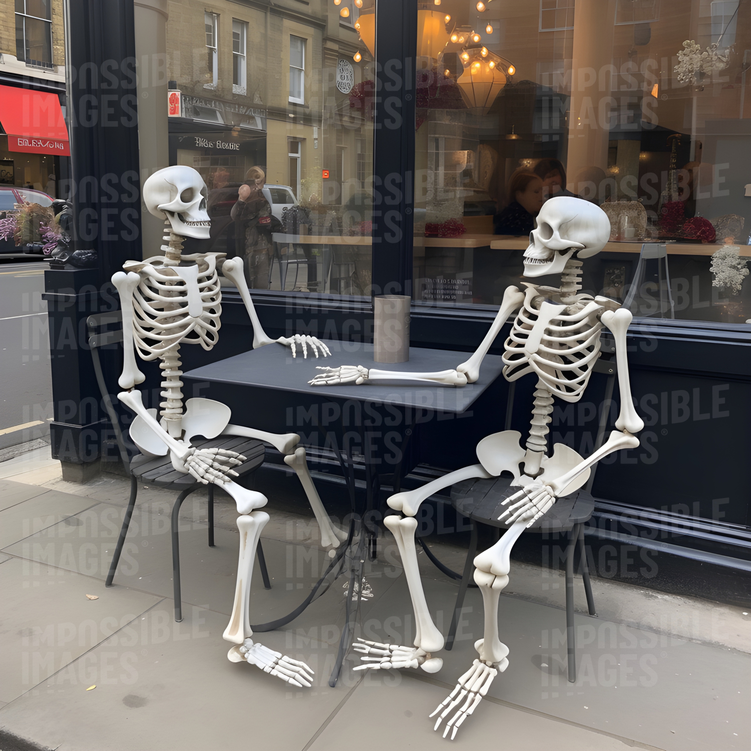 Skeleton friends having a chat outside a cafe - Impossible Images ...