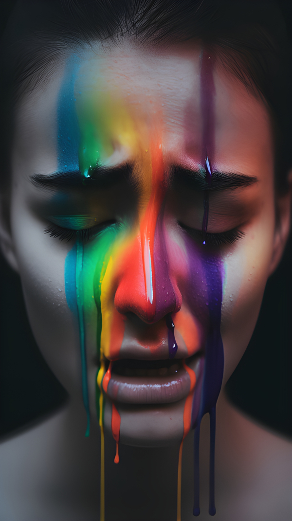Sad woman with rainbow paint on face - Impossible Images - Unique stock ...