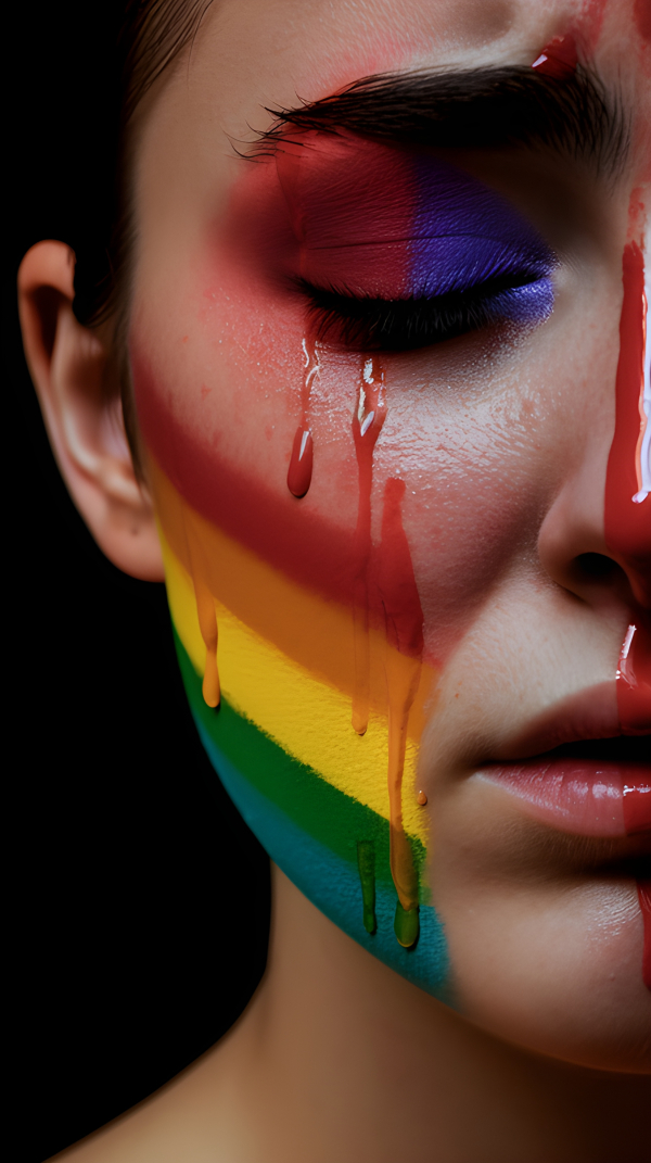 Sad woman with rainbow paint on face - Impossible Images - Unique stock ...