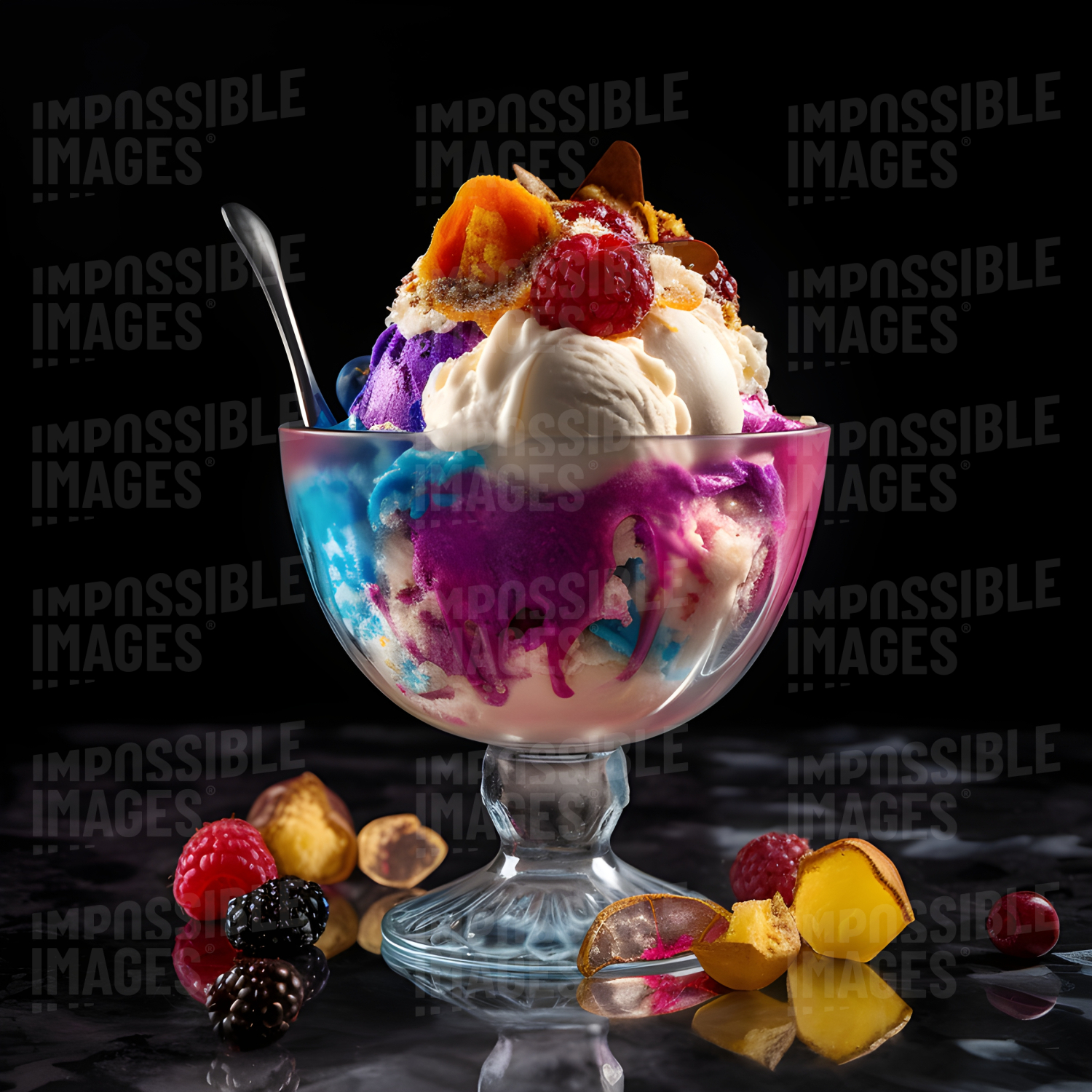 A colourful ice cream sundae topped with fresh fruit - Impossible ...
