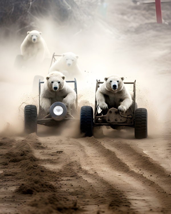 Polar bears racing in go karts - Impossible Images - Unique stock ...