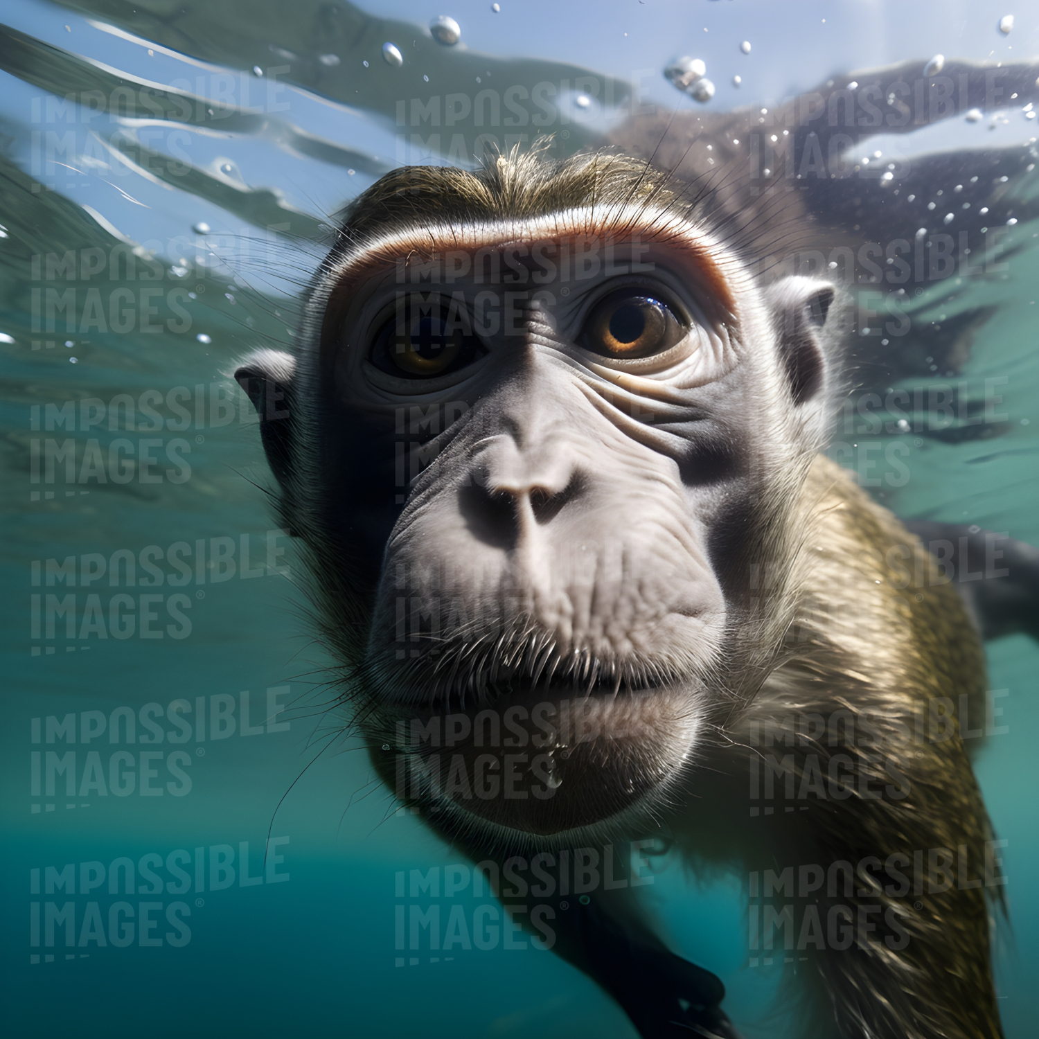 An inquisitive monkey underwater - Impossible Images - Unique stock ...