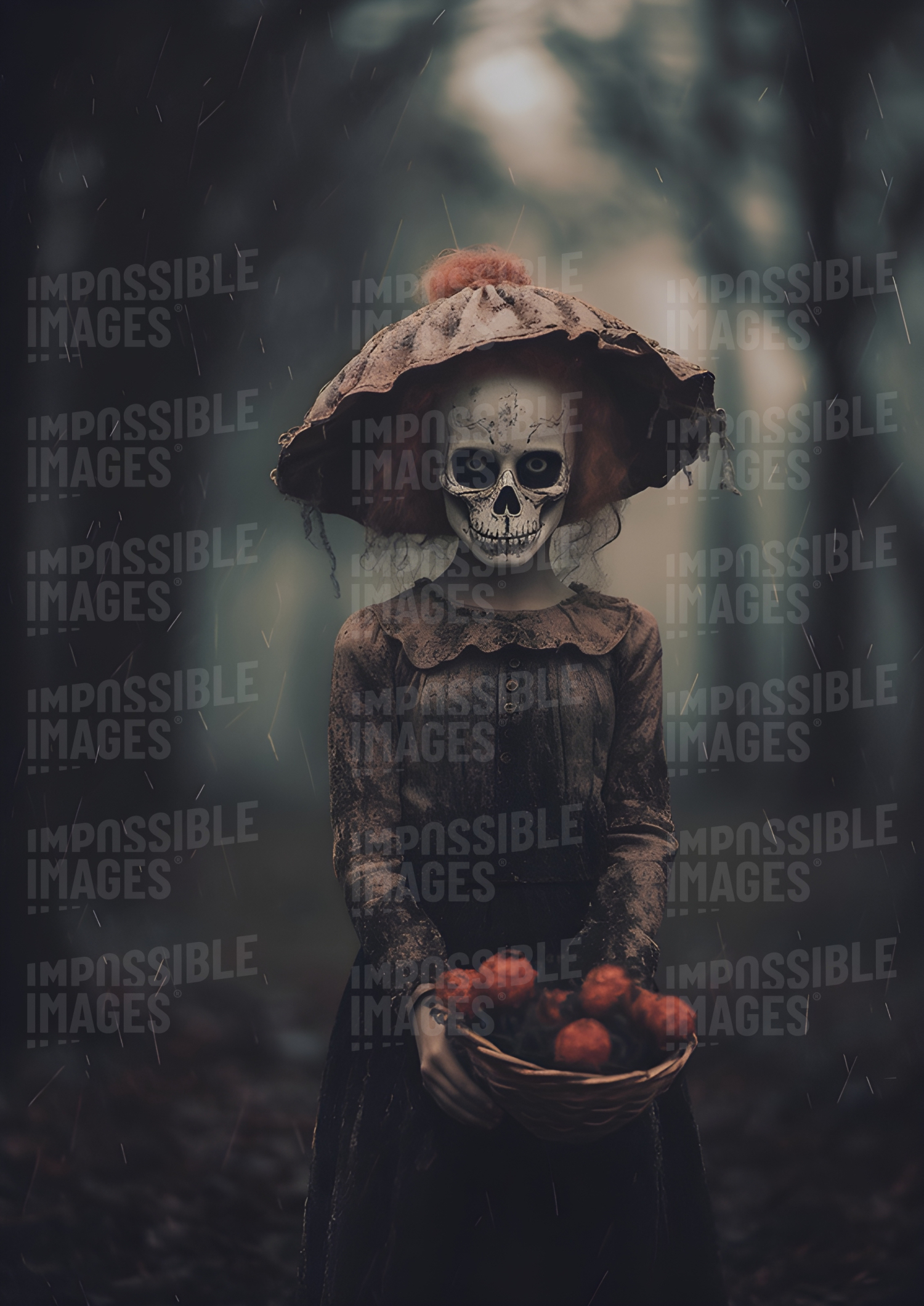 Strange girl in skull mask carrying a bowl of red fruit - Impossible ...