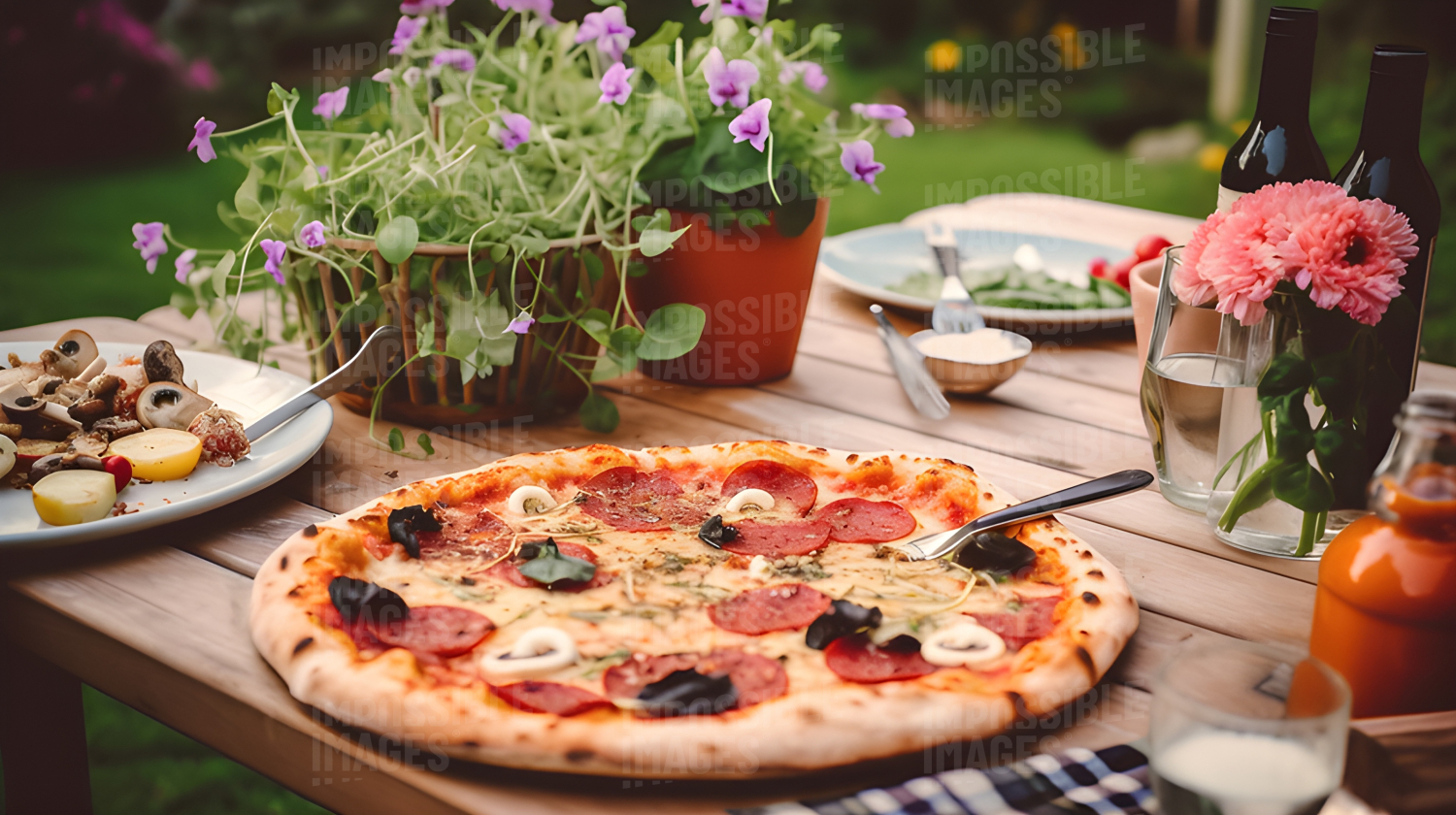 Pizza outside on wooden table - Impossible Images - Unique stock images ...