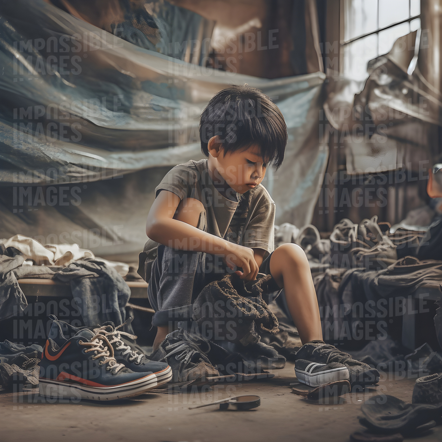 A small boy working in a sneaker factory - Impossible Images - Unique ...