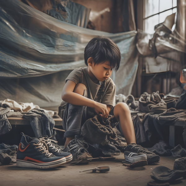A small boy working in a sneaker factory - Impossible Images - Unique ...