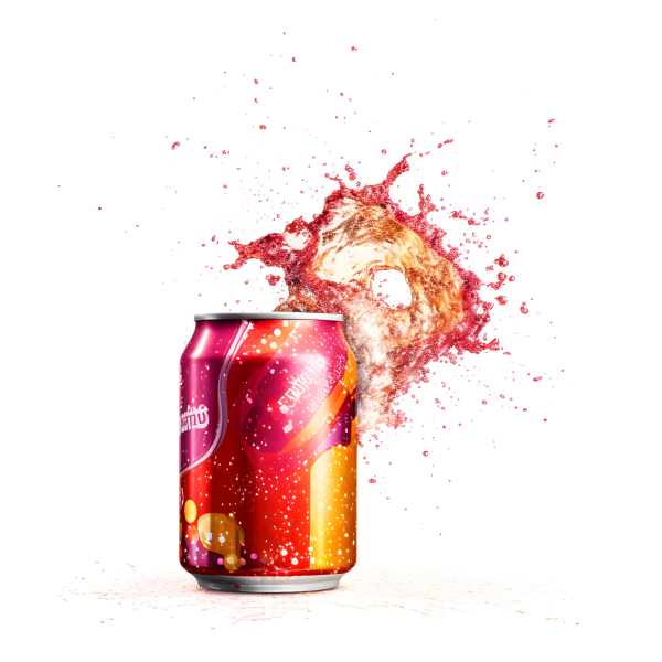 Can of soft drink exploding from the opening shot on a white background ...