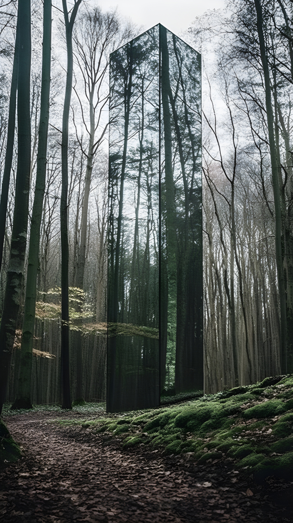 Large mirrored monolith in a forest - Impossible Images - Unique stock ...