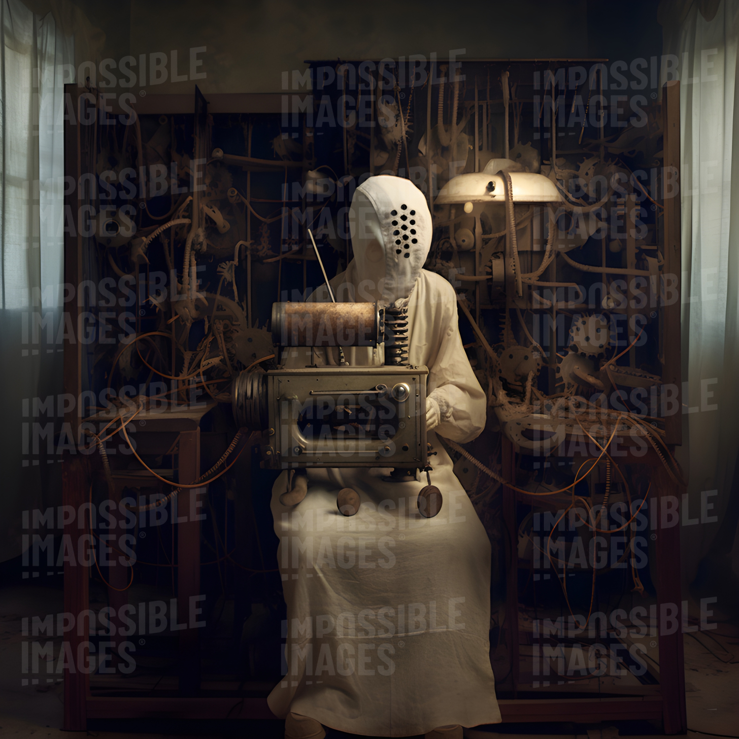 Strange hooded figure in white with retro tech - Impossible Images ...
