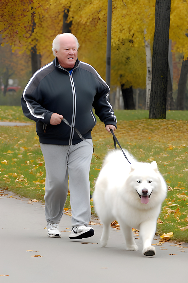 Overweight man in tracksuit walking dog in the park - Impossible Images ...