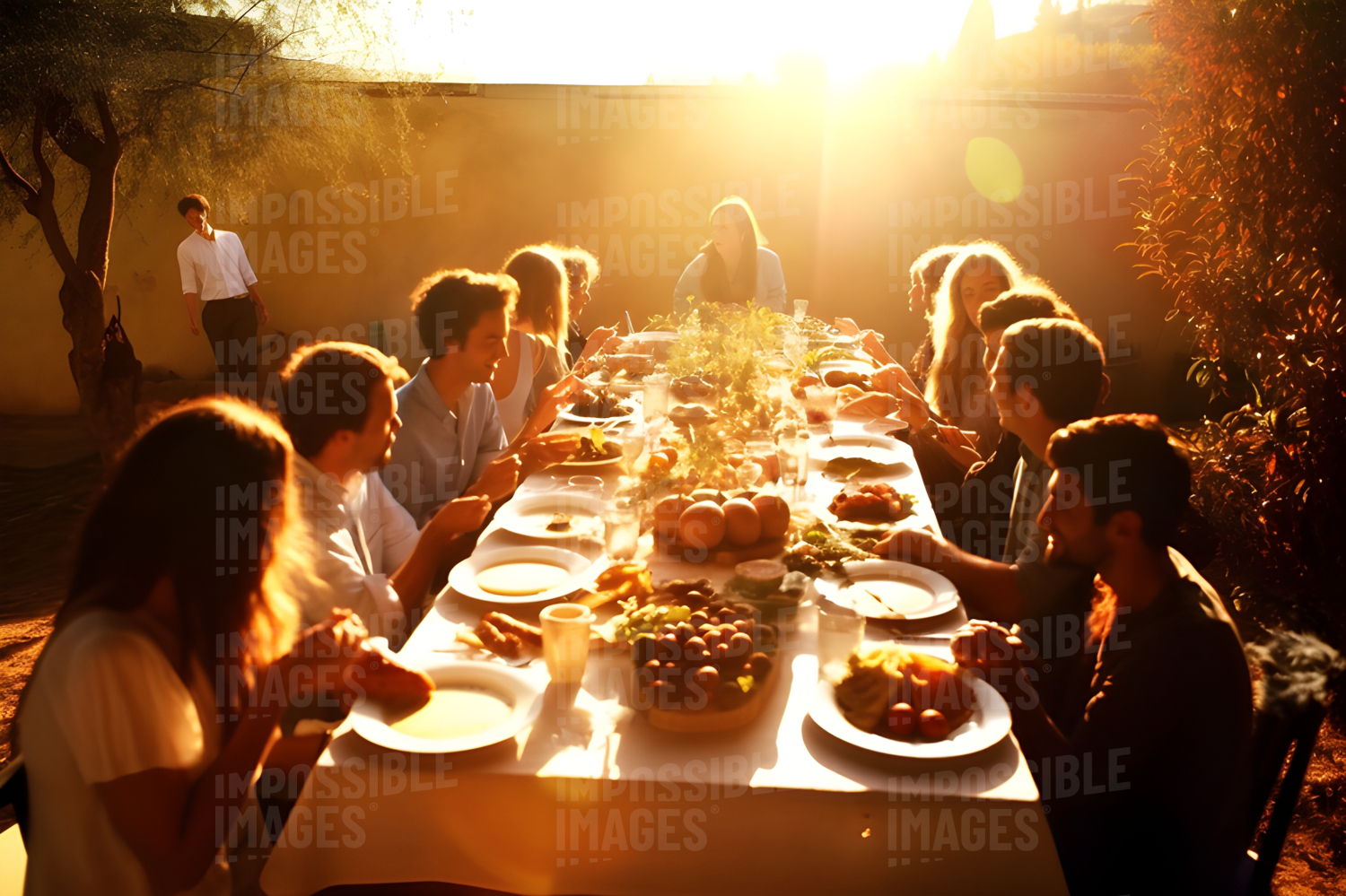 Group of friends socialising at a long table, sunset, sunburst ...