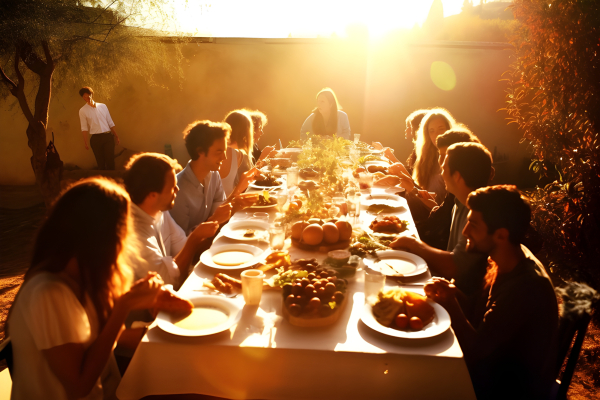 Group of friends socialising at a long table, sunset, sunburst ...