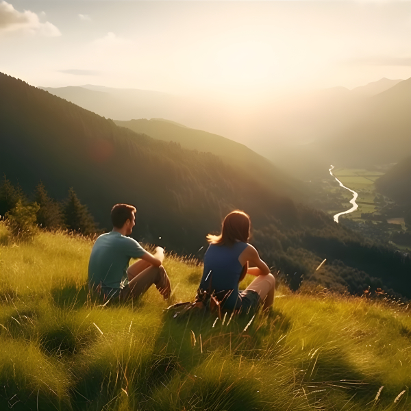 Young couple admiring the views over a valley - Impossible Images ...