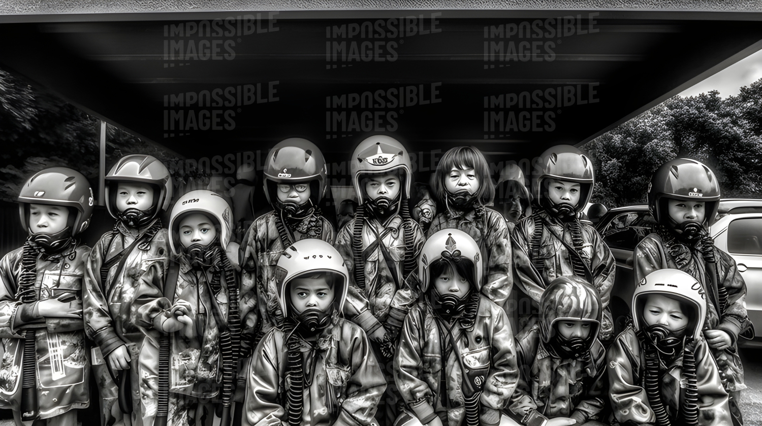 A large group of children wearing strange military-style outfits ...