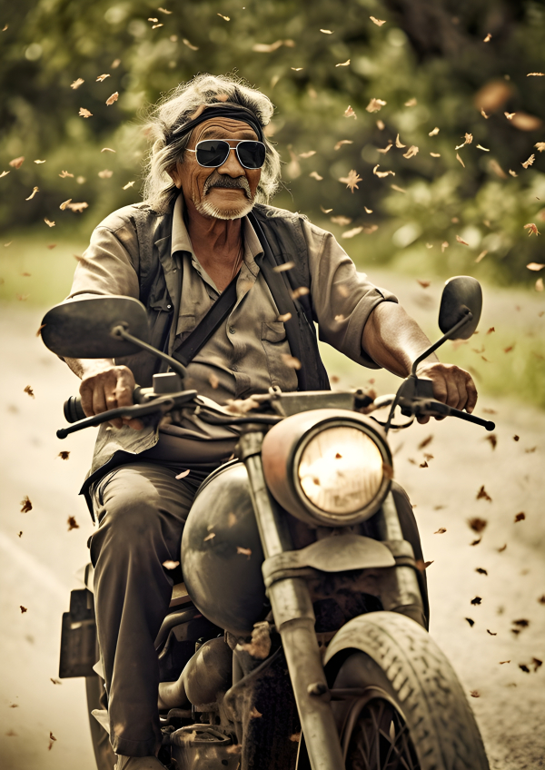 A man riding a motorcycle in the summer through clouds of bugs ...