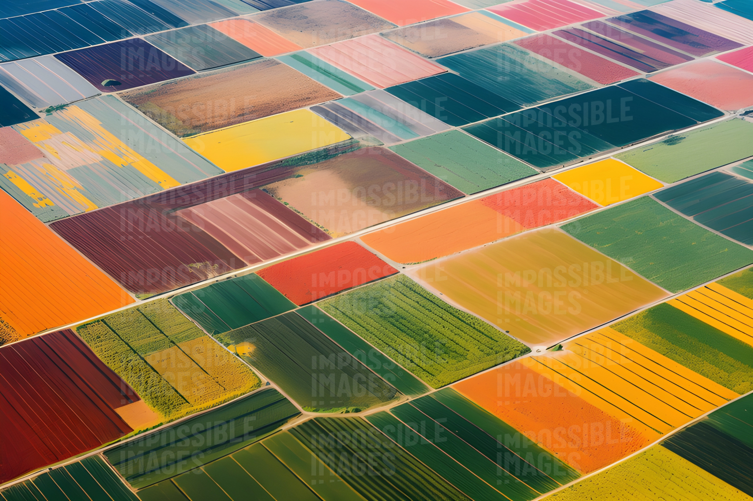 Aerial photograph of a patchwork of different coloured fields of crops ...