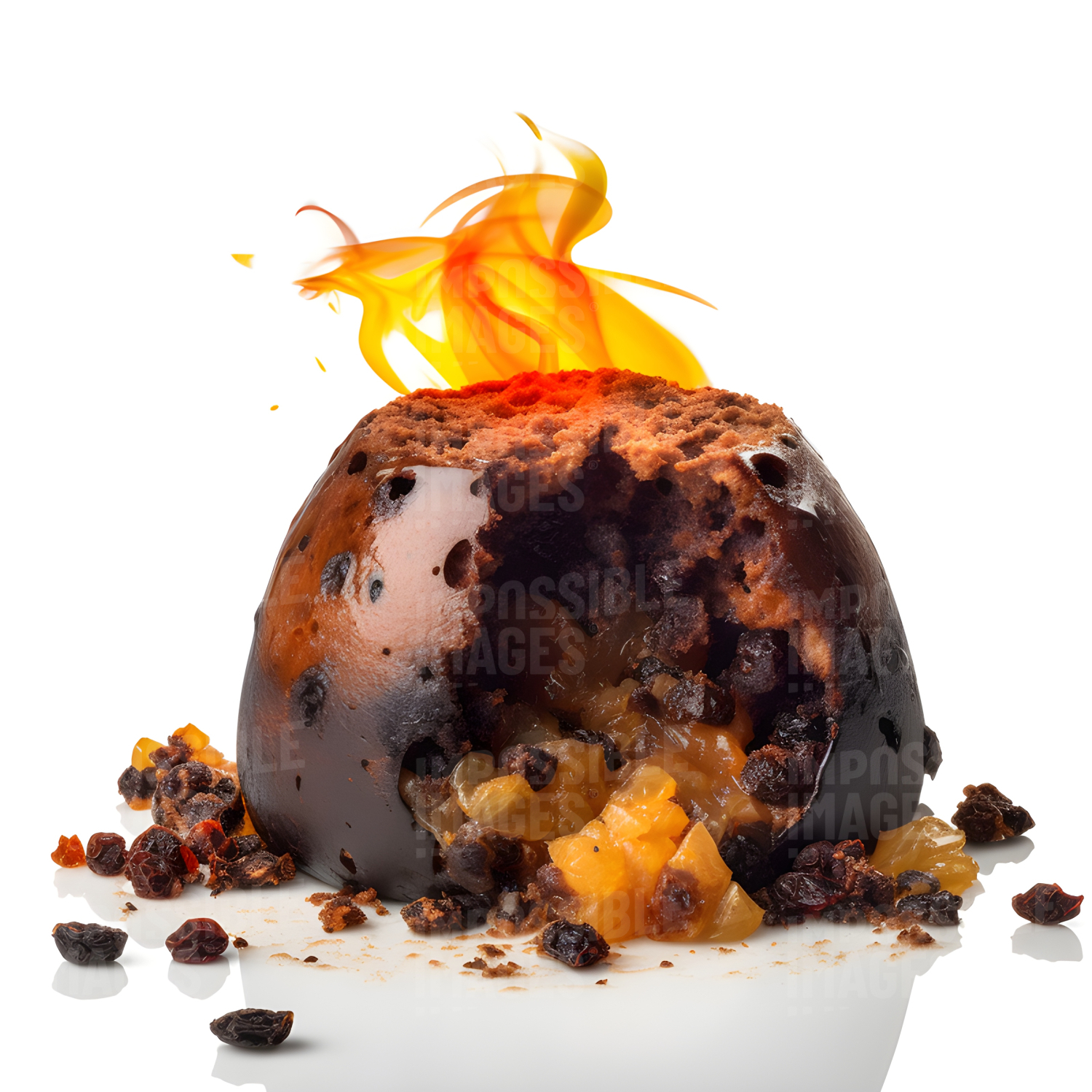 Christmas pudding with brandy flames on white background - Impossible ...