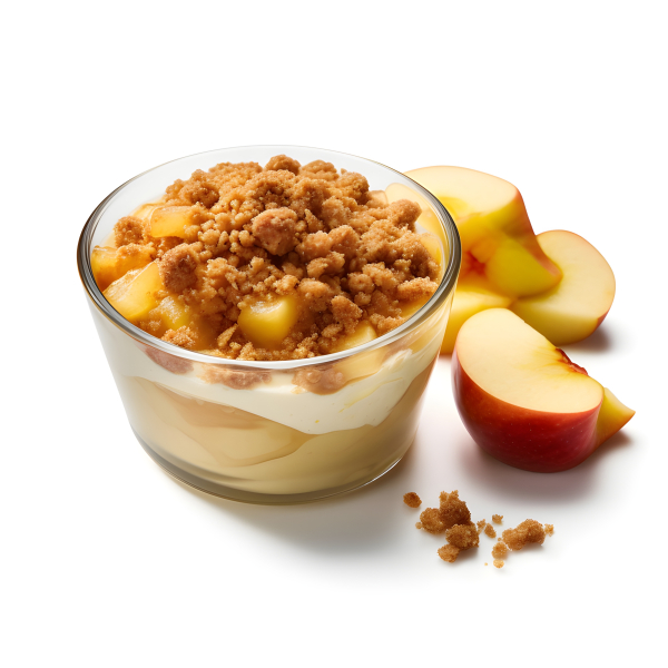 Apple Crumble in a clear glass dish with sliced apples and a crunchy ...