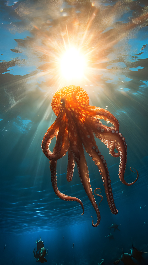 Low angle photo of an Octopus floating below the sea surface with a ...