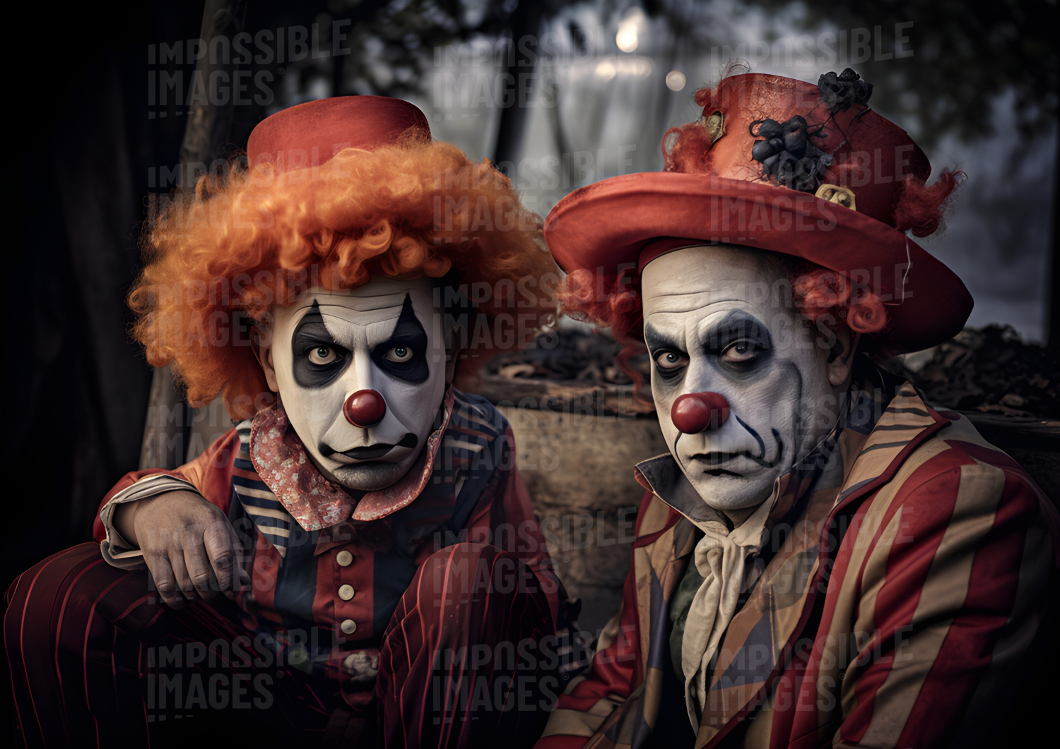 Two scary clowns with white painted faces and red hats - Impossible ...