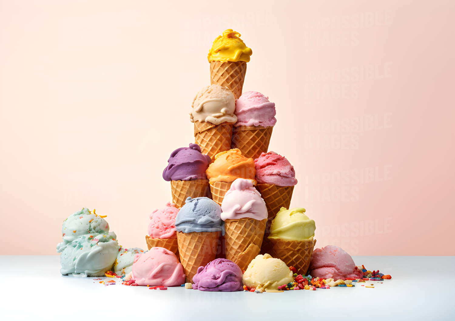 Large stack of different flavour ice cream scoops in waffle cones ...