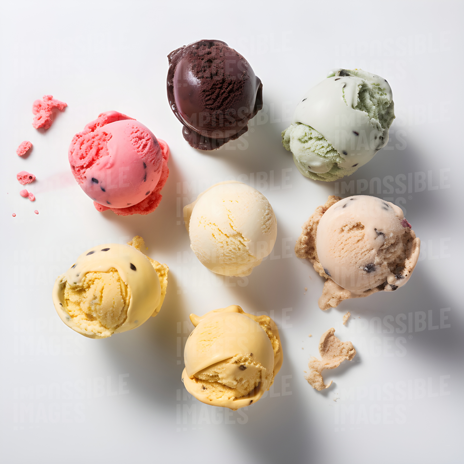 Overhead shot of seven scoops of different coloured ice cream ...
