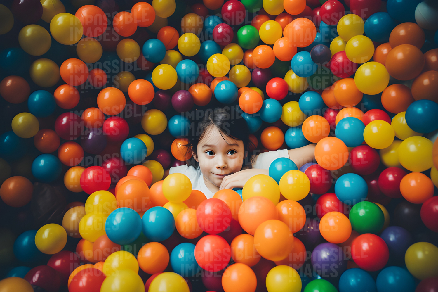 Young girl submerged in a ball pit - Impossible Images - Unique stock ...